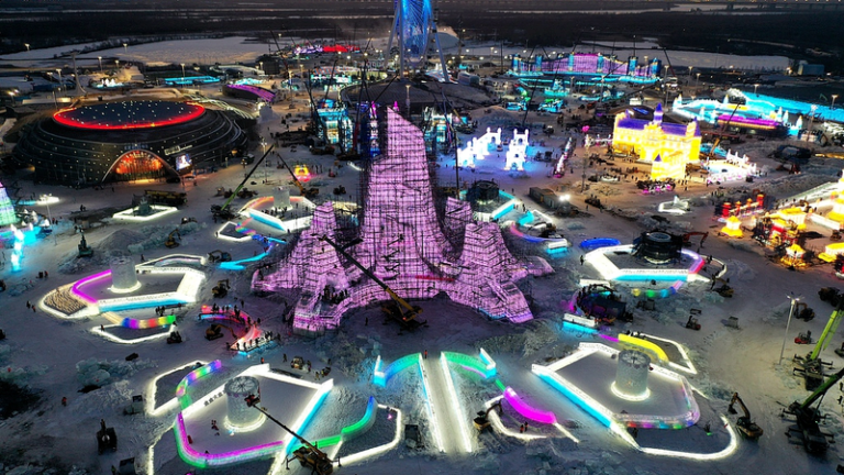 Harbin Ice Tower Reaches Record Height for 2025 Winter Festival ...